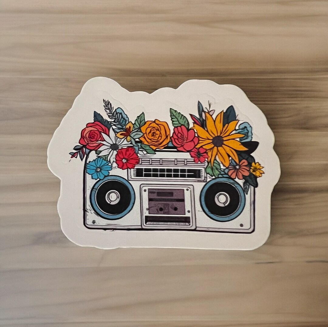 Boombox With Flowers Waterproof Vinyl Sticker, Laptop Sticker, Tumbler ...