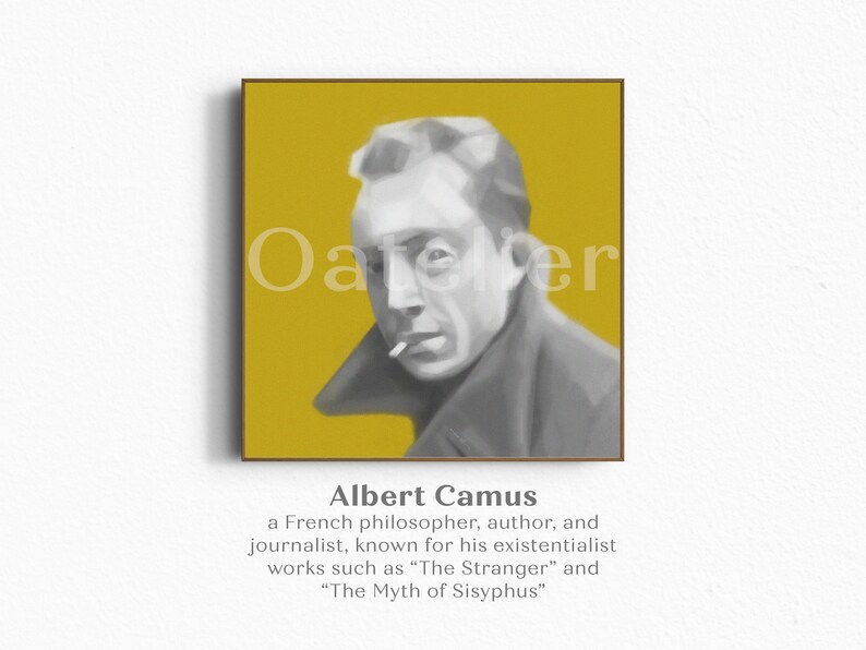 Albert Camus Portrait Drawing Printable Art Black and White With Yellow ...