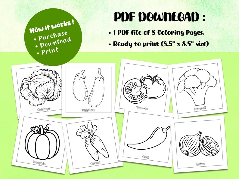 8 Vegetables Coloring Pages for Kids | Vegetables Coloring Pages | Kids ...