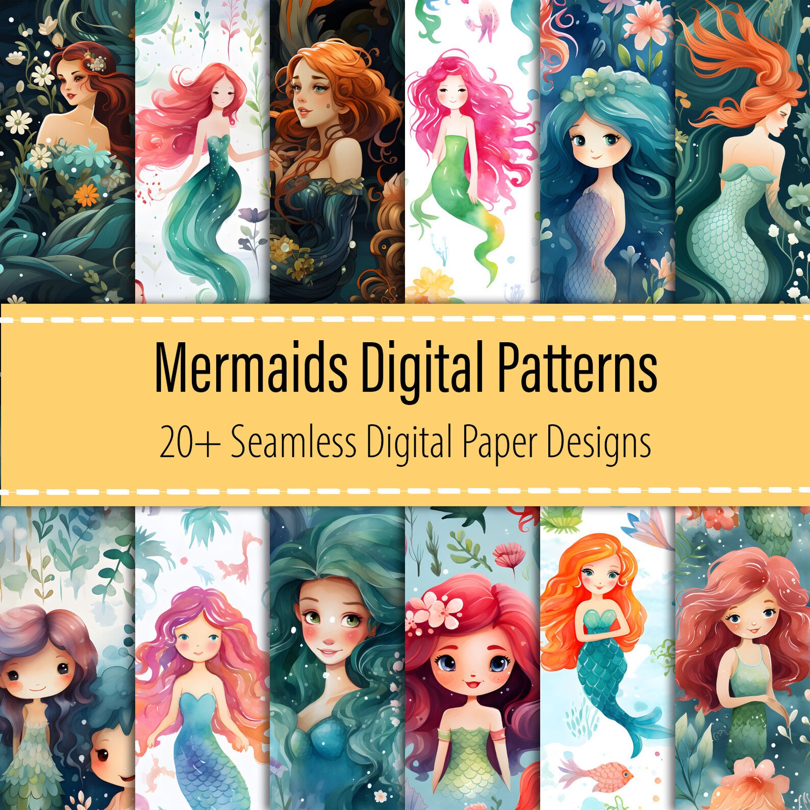 Mermaids 20+ Digital Paper Bundle, Mermaid Seamless Pattern, Ariel ...