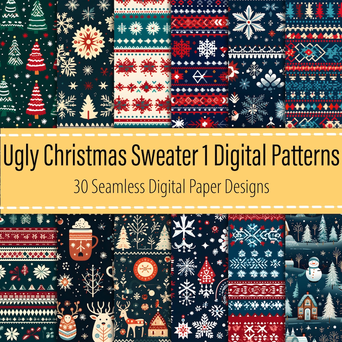 Ugly Christmas Sweater 1 30 Digital Paper Bundle, Christmas Seamless ...