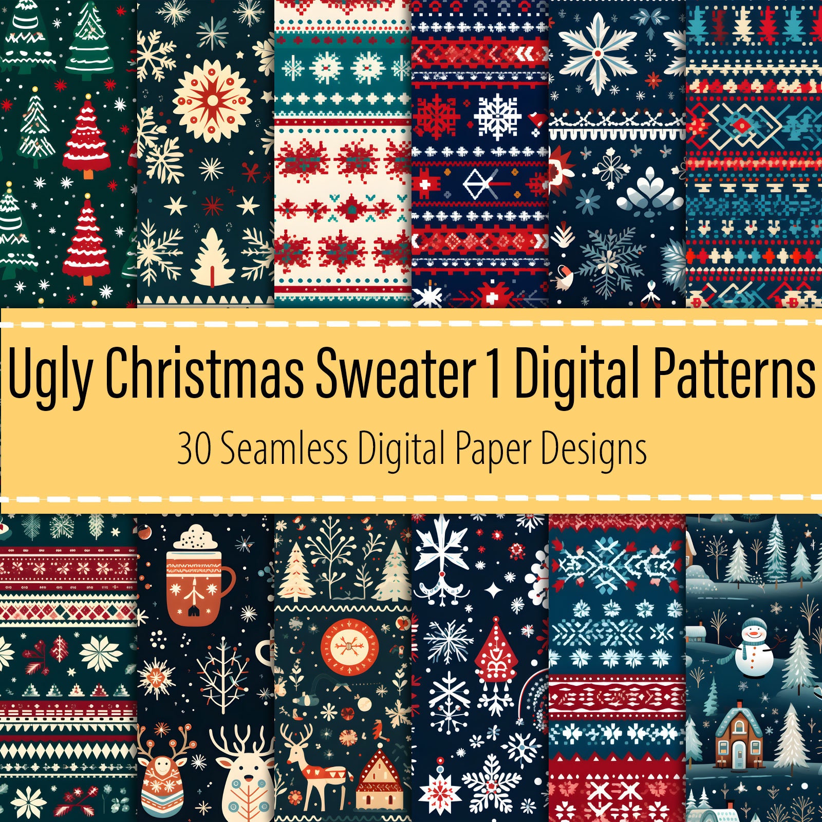 Ugly Christmas Sweater 1 30 Digital Paper Bundle, Christmas Seamless ...