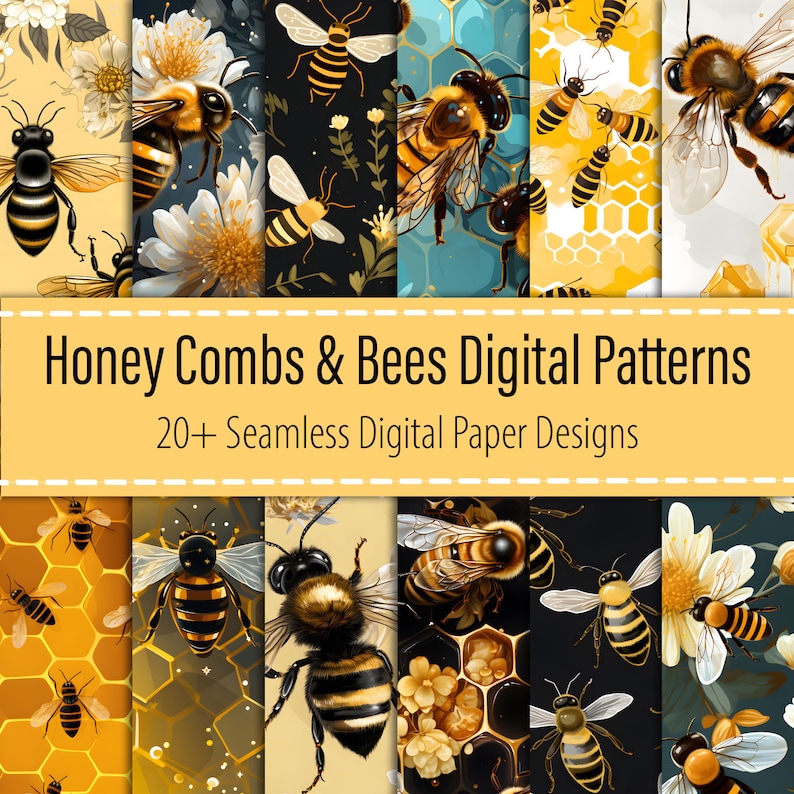 Bees Honey Comb 20 Digital Paper Bundle, Bees Seamless Pattern ...