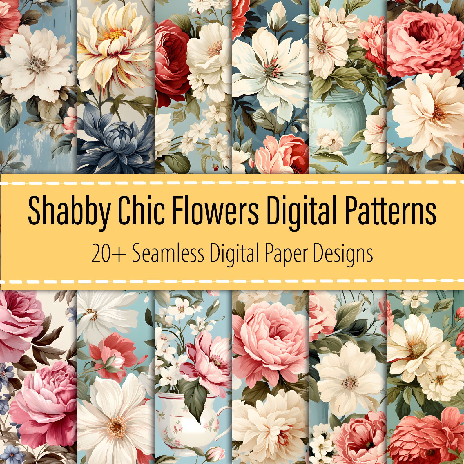 Shabby Chic Flowers 20+ Digital Paper Bundle, Flowers Seamless Pattern ...