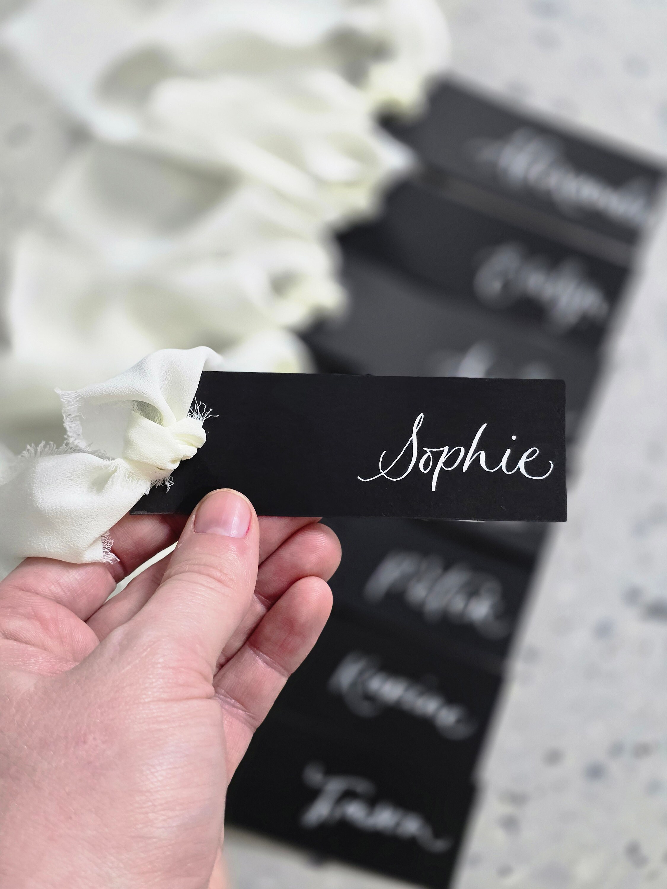Unique Black Place Cards, Hand Written Modern Calligraphy With Silk ...