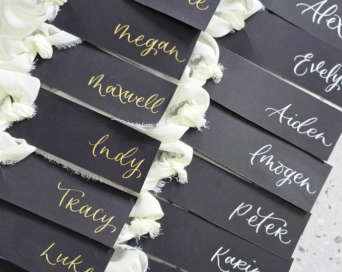 Unique Black Place Cards, Hand Written Modern Calligraphy With Silk ...