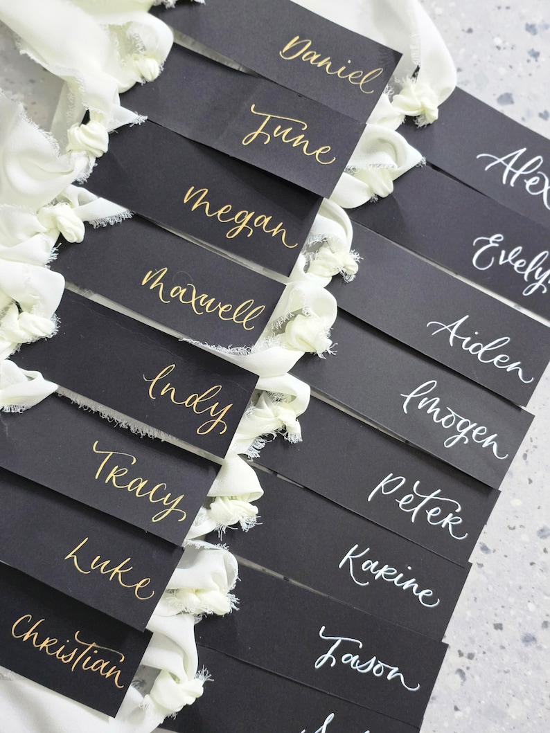 Unique Black Place Cards, Hand Written Modern Calligraphy With Silk ...