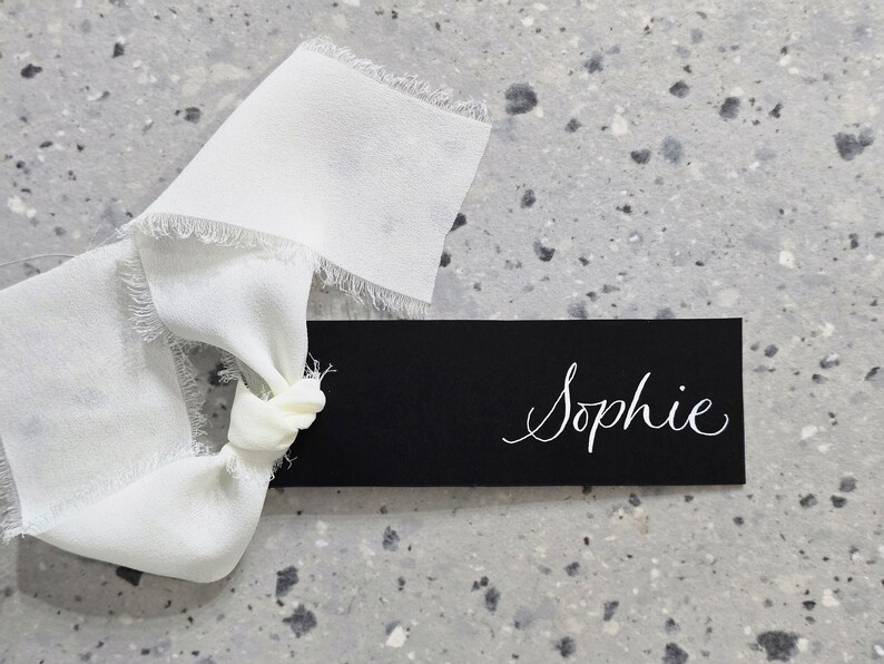 Unique Black Place Cards, Hand Written Modern Calligraphy With Silk ...