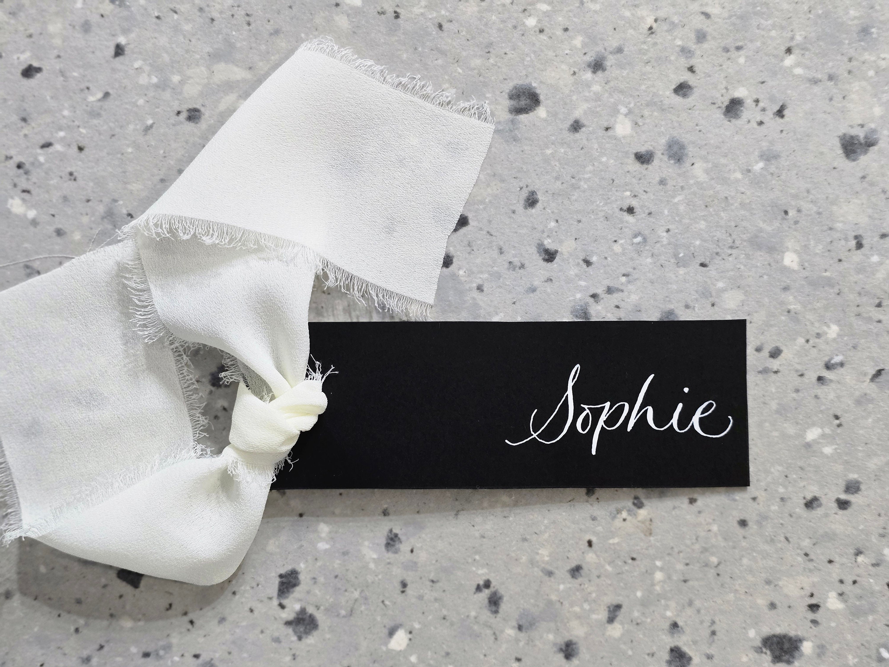 Unique Black Place Cards, Hand Written Modern Calligraphy With Silk ...