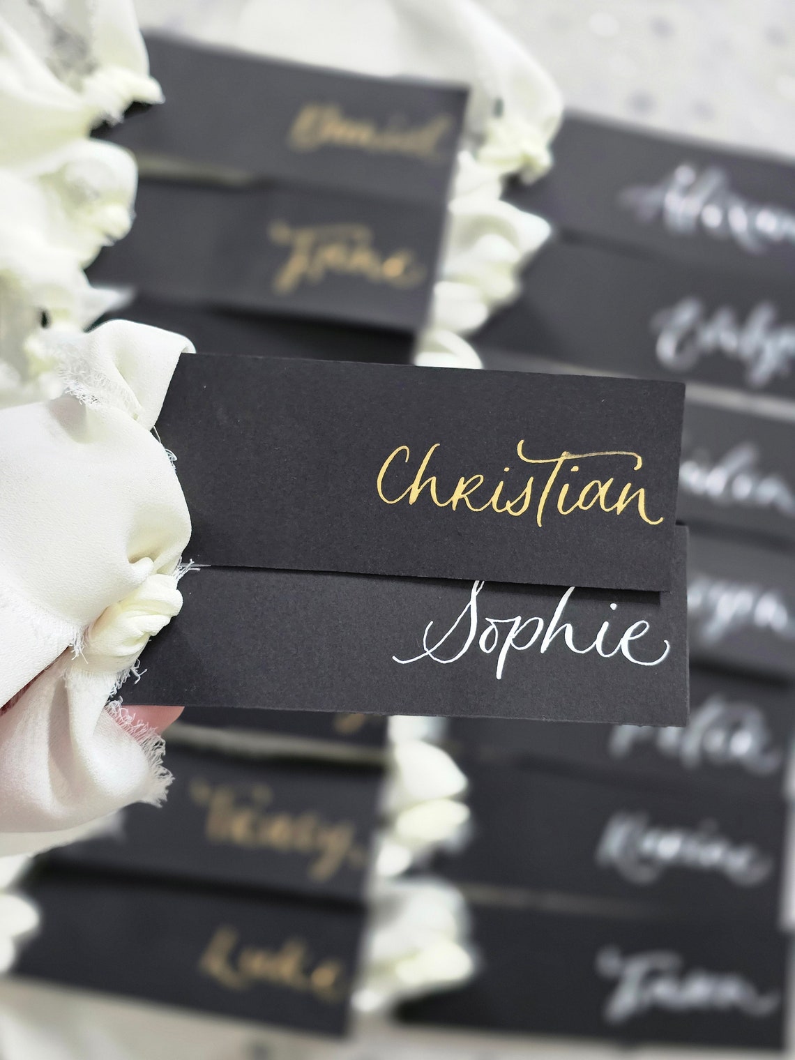 Unique Black Place Cards, Hand Written Modern Calligraphy With Silk ...