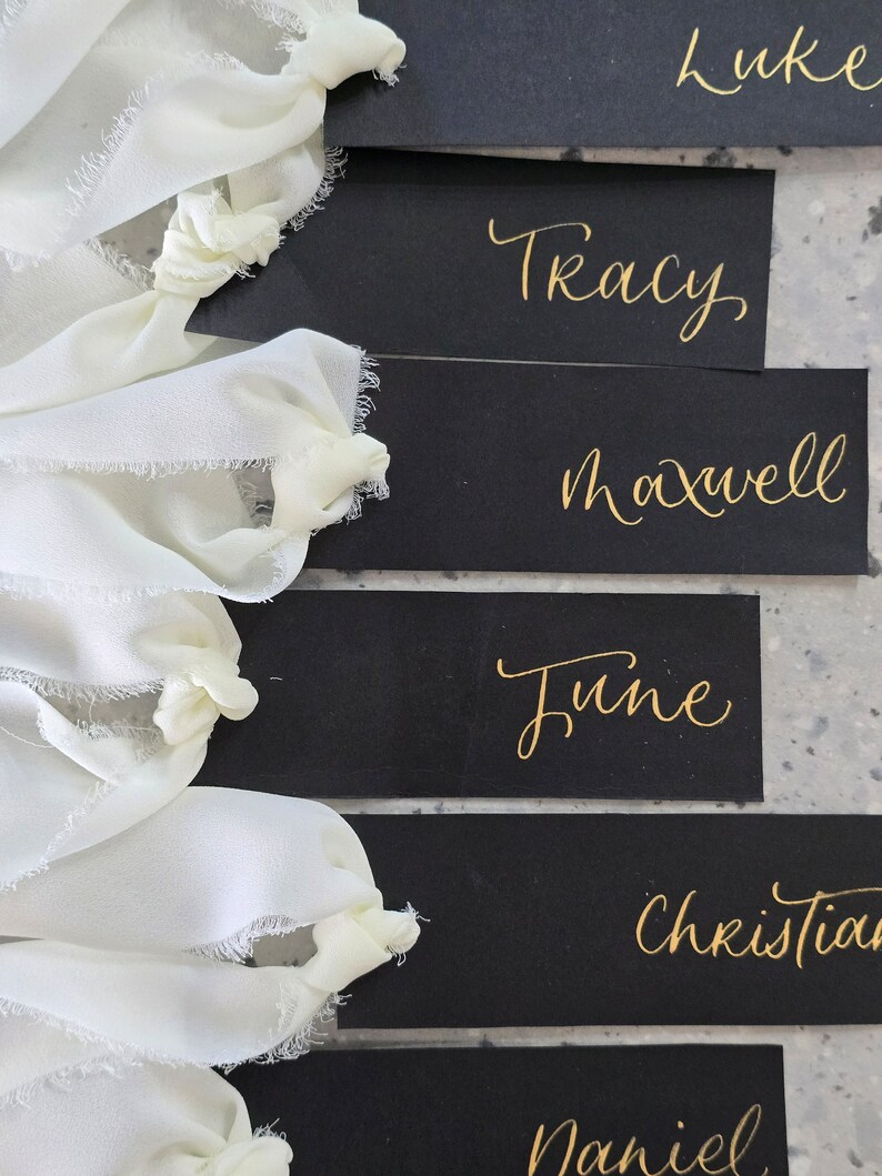 Unique Black Place Cards, Hand Written Modern Calligraphy With Silk ...