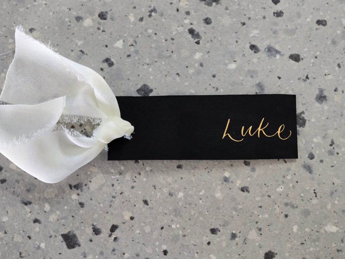Unique Black Place Cards, Hand Written Modern Calligraphy With Silk ...