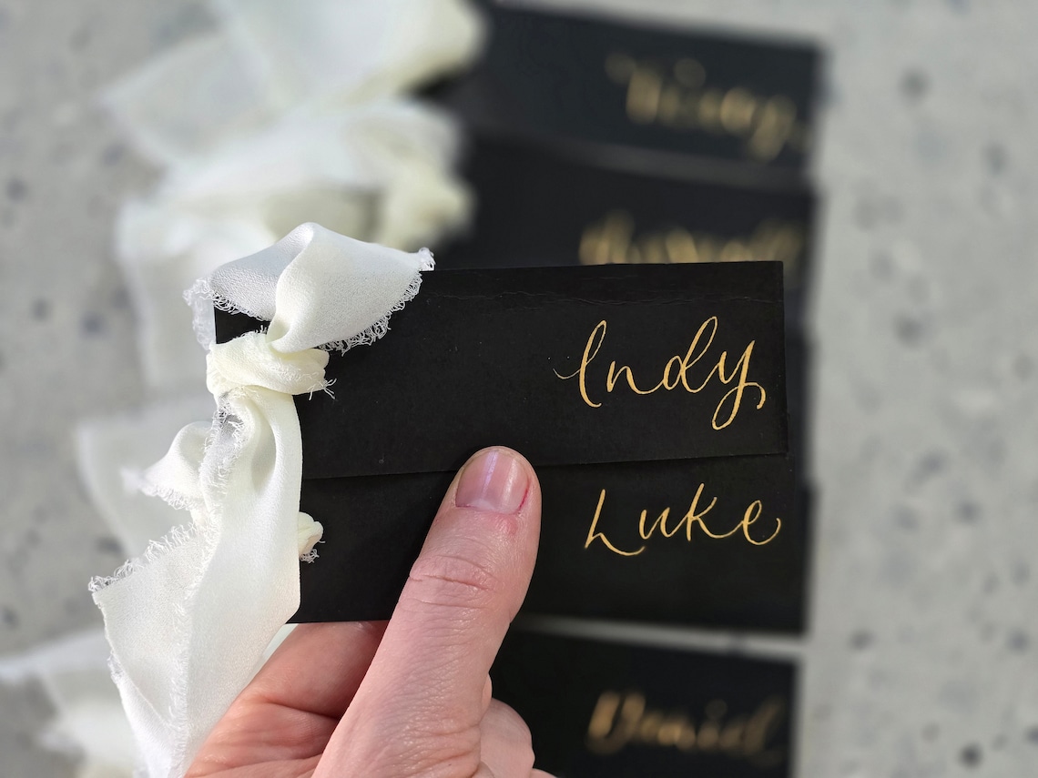 Unique Black Place Cards, Hand Written Modern Calligraphy With Silk ...
