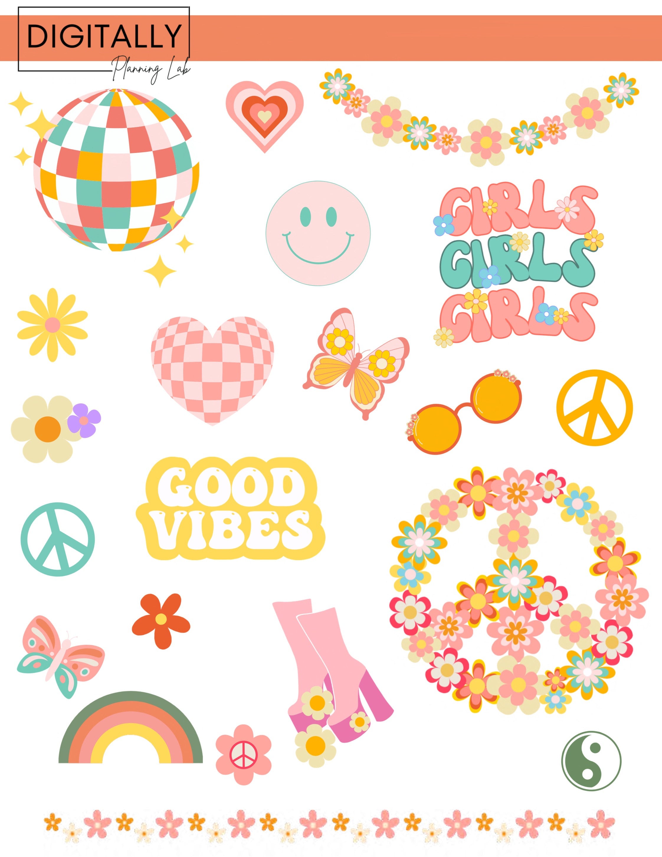 70s Retro Digital Stickers Goodnotes Stickers PNG Digital Planning iPad ...