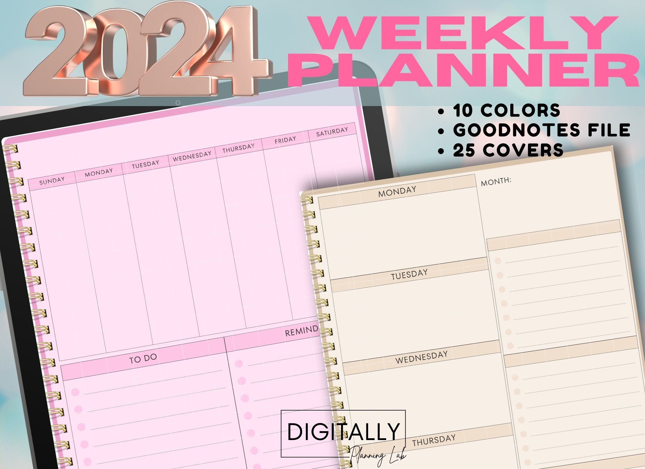 2024 Weekly Planner portrait Gold Spiral Goodnotes Digital Planning ...
