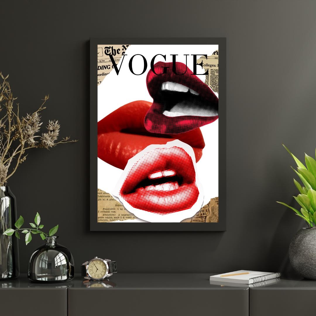 Pop Art Vogue Lips Poster - Retro Newspaper Collage Wall Art, Trendy ...