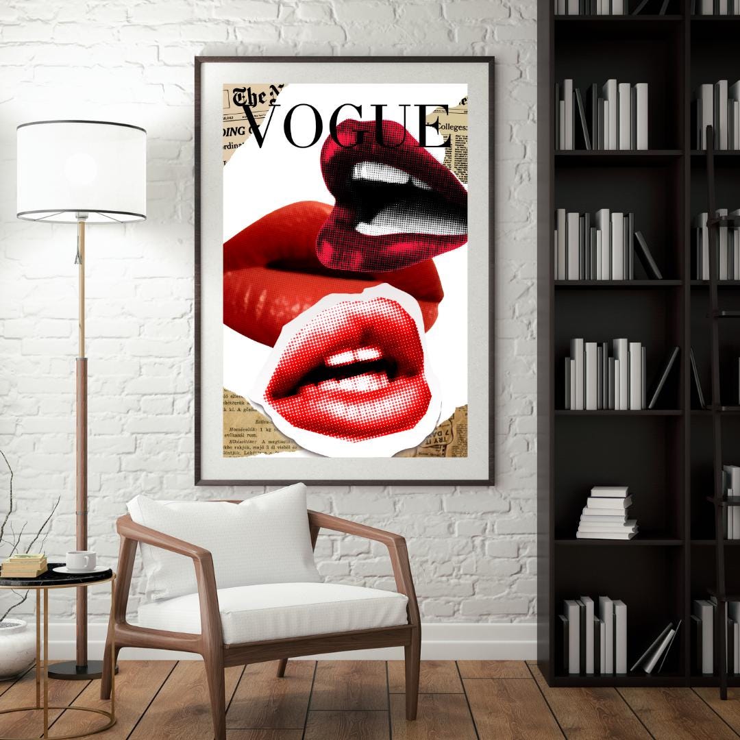 Pop Art Vogue Lips Poster - Retro Newspaper Collage Wall Art, Trendy ...