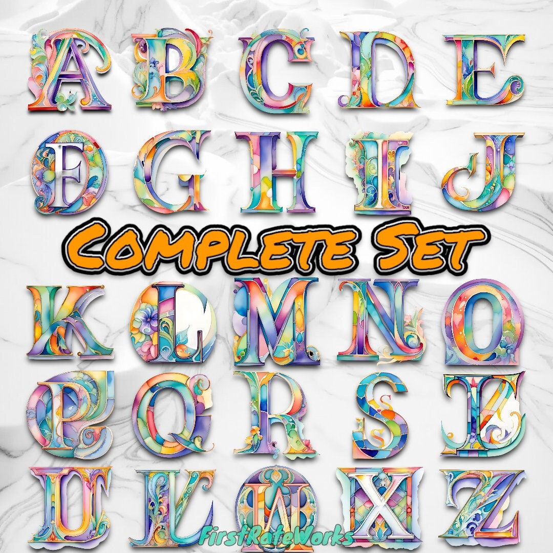 Watercolor Font Lettering - Complete Alphabet Set | Colorful English ...