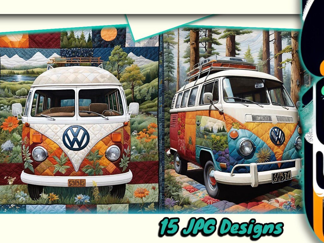 VW Bus Quilt Patterns - Patchwork Nature Landscape - Camping Wall Art ...
