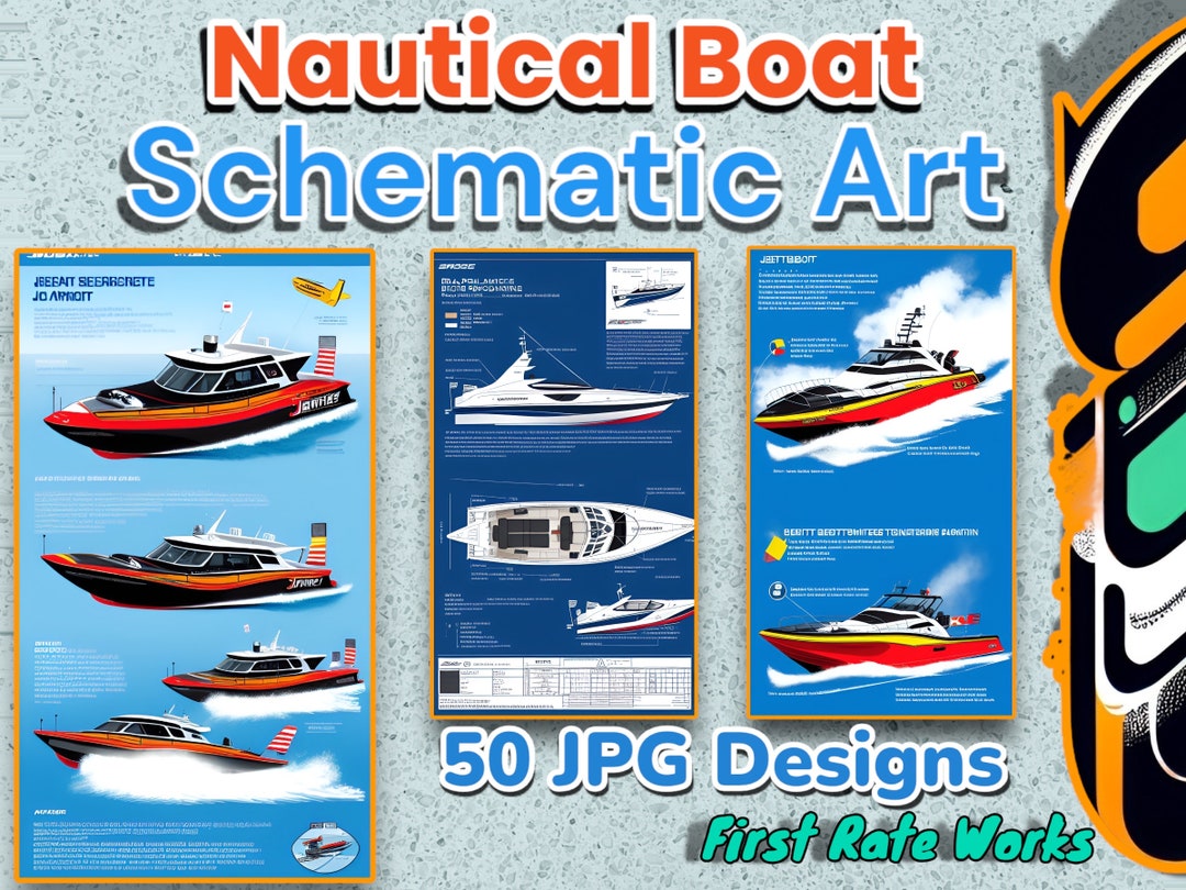 Jet Boat Blueprint Art | Race Boat Schematic Map | Nautical Wall Art ...