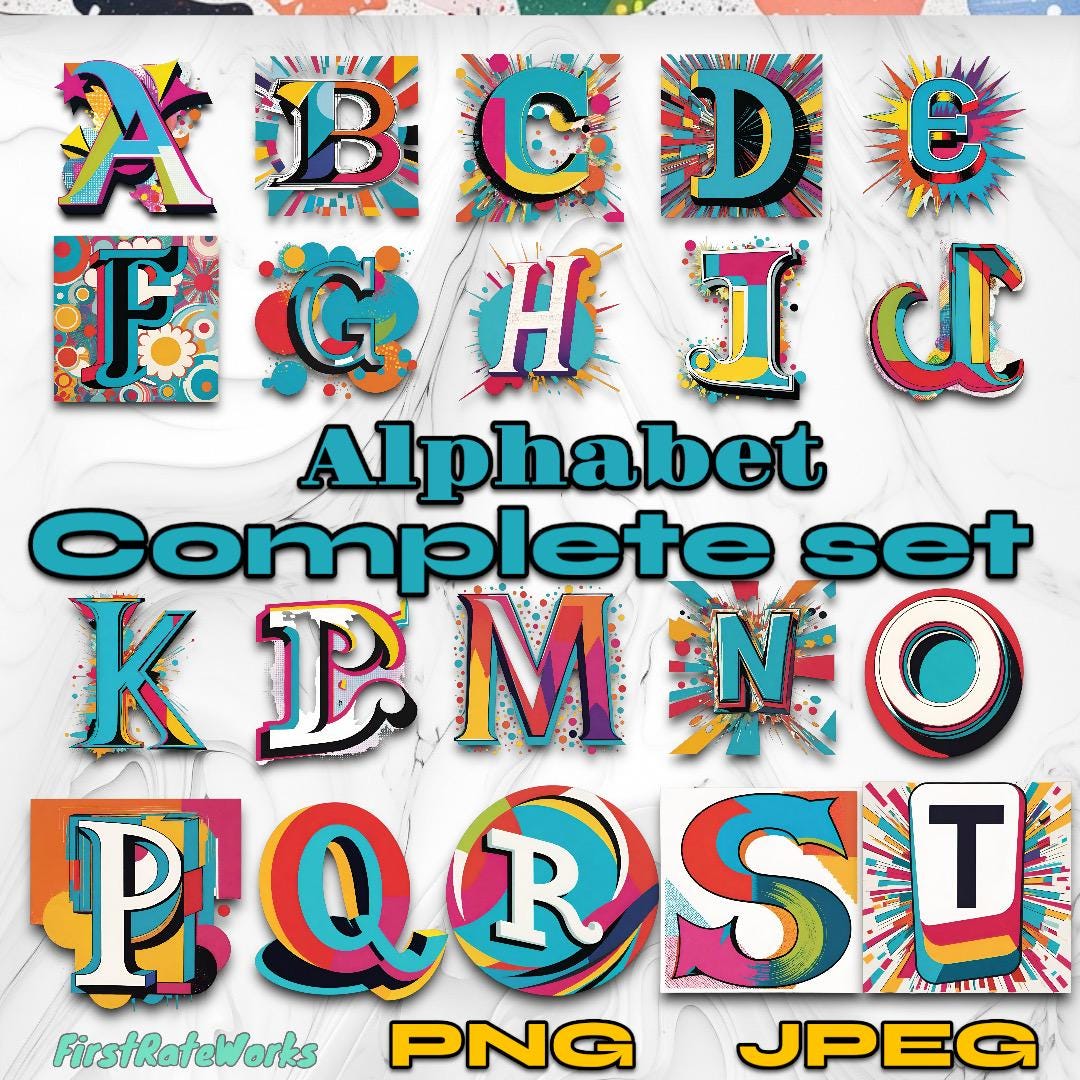 Retro Poster Font Lettering - Complete Alphabet Set | Colorful Letters ...