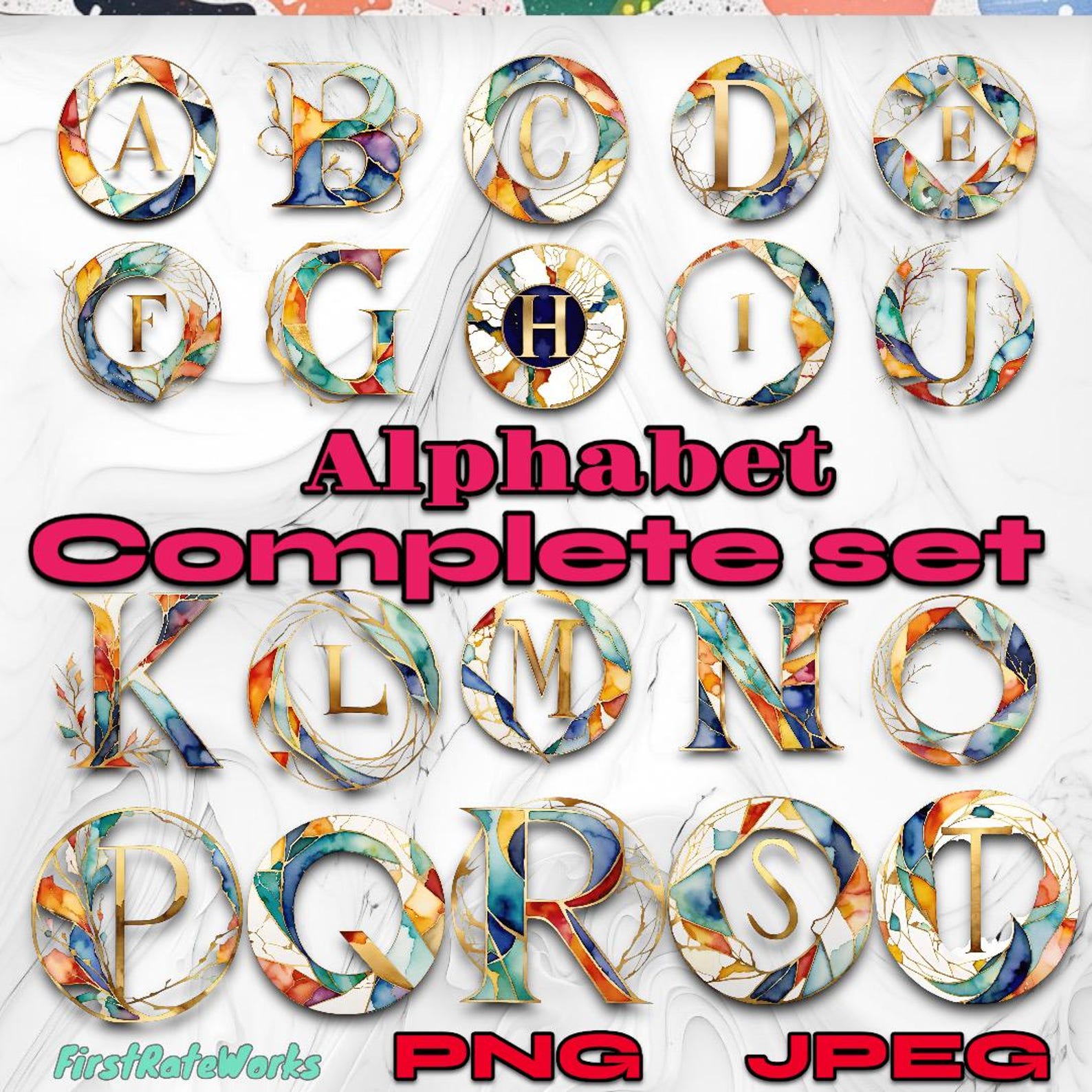 Stained Glass Font Lettering - Complete Alphabet Set | 24k Gold Accents ...