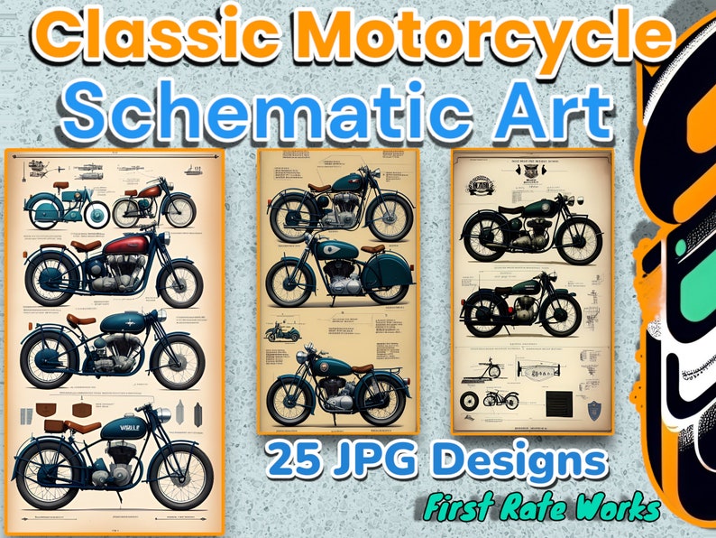 Vintage Motorcycle Art - Classic Biker Blueprint - Wall Art Schematic ...