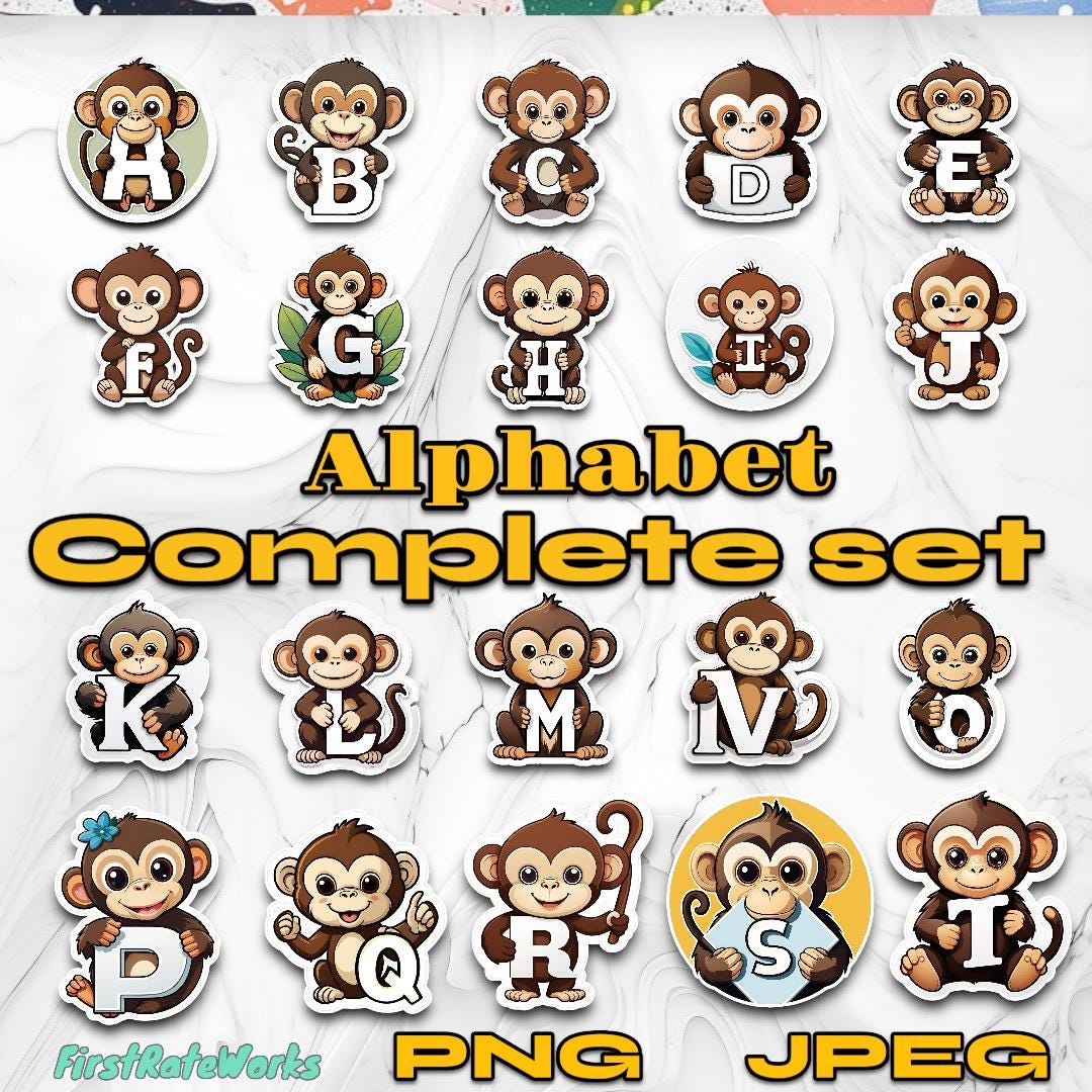 Complete Monkey Theme Alphabet Font Set | Baby Monkeys Holding Letters ...