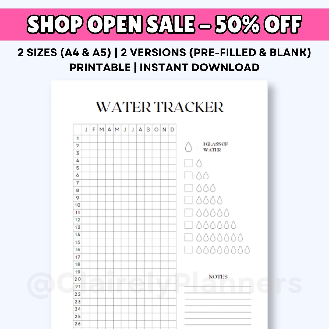 Yearly Water Tracker Printable Template, Daily Water Log, Annual ...
