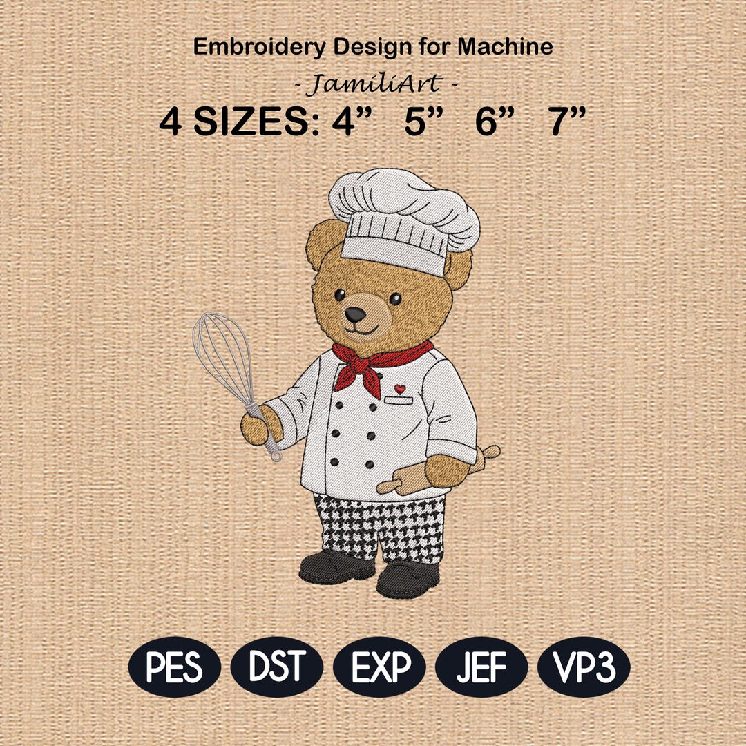 Teddy Bear Chef Embroidery Design File, Cute Animal Cooking Embroidery ...
