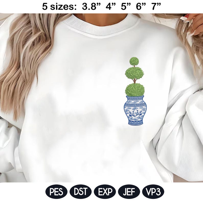 Chinoiserie Topiary Embroidery Design, Blue White Vase Tree ...