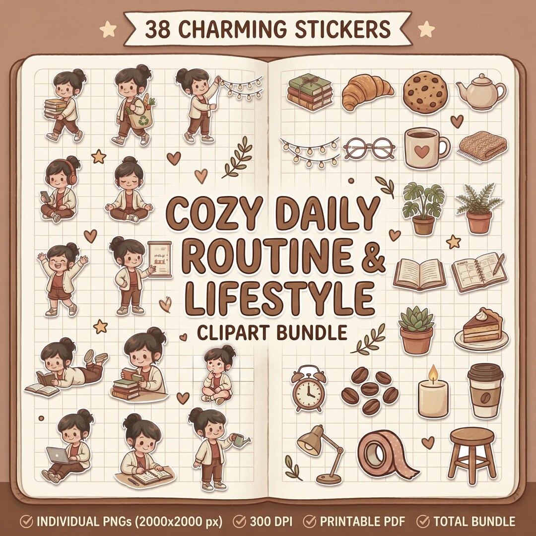 Daily Routine Clipart Bundle,kawaii Girl Stickers, Digital Scrapbooking ...