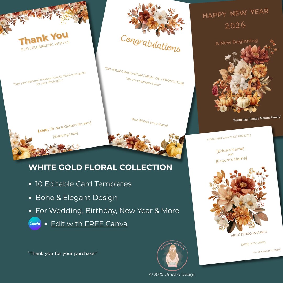 White Gold Floral Card Template Bundle, Editable Canva Cards (digital ...