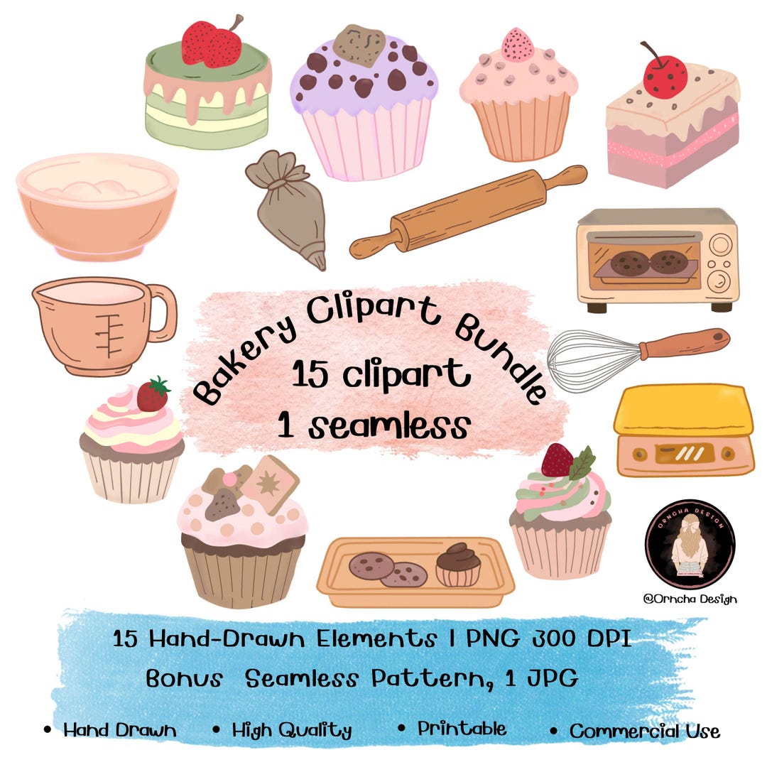 Cute Bakery Clipart Bundle, 15 Baking Utensils PNG, Cake & Dessert ...