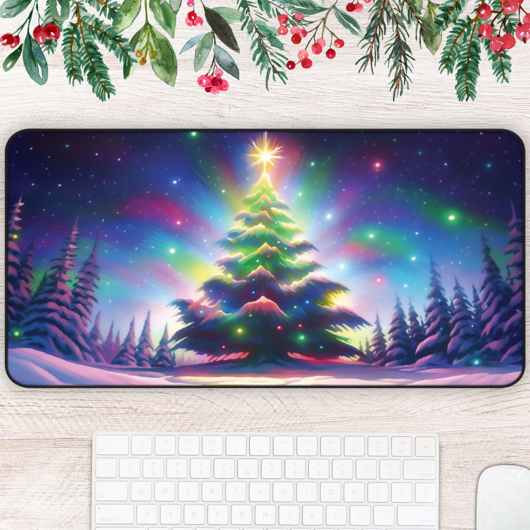 Colorful Christmas Tree Desk Mat Festive Desk Mat, Cute & Lofi Mouse ...