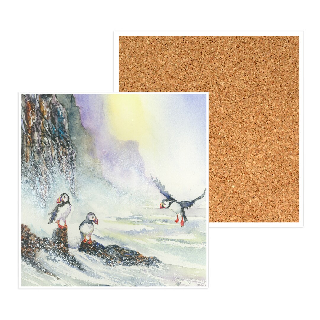 Flying Puffins Square Ceramic Coaster, Northumbrian Inspired Fine Art ...