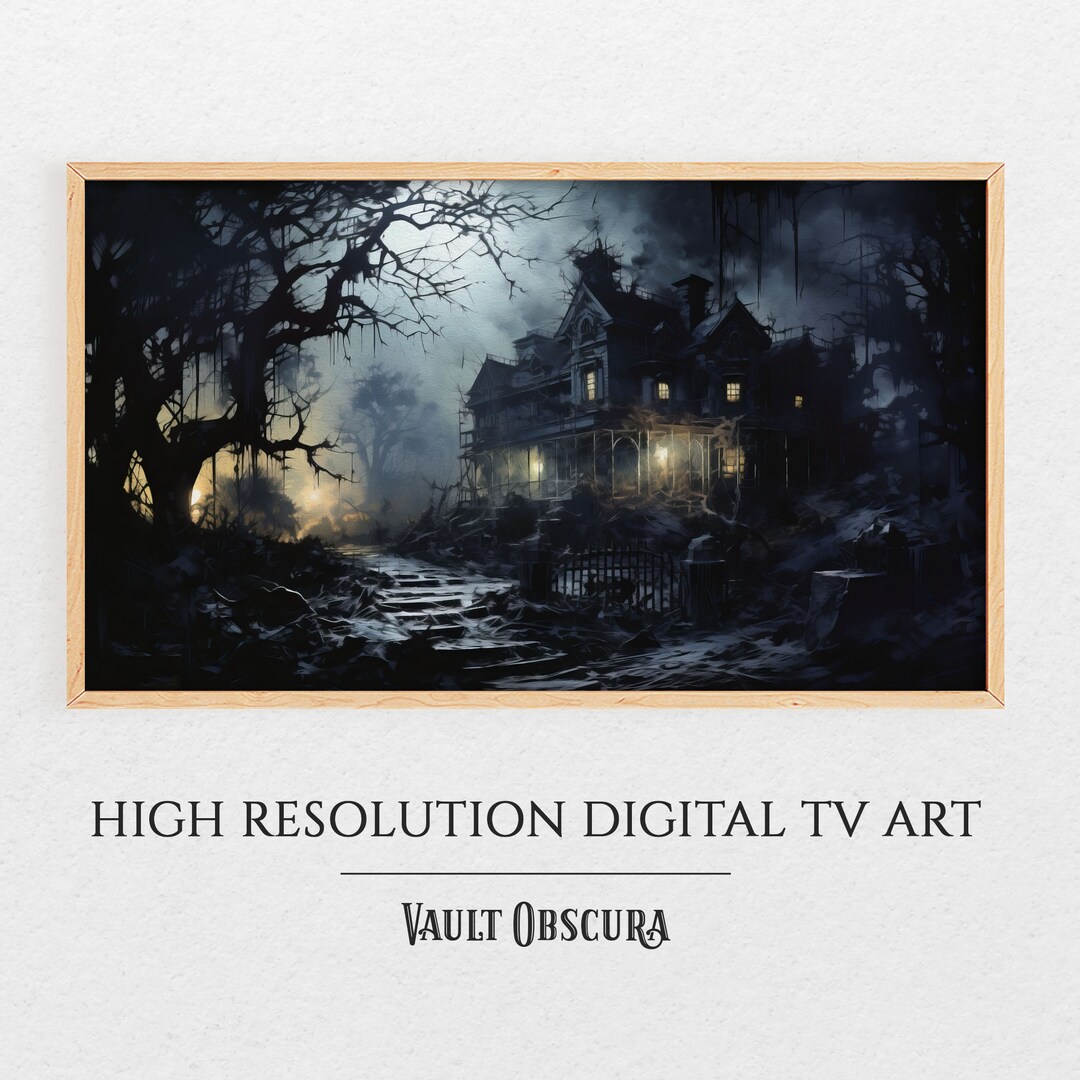 Haunted House Frame TV Art: Spooky Halloween Oil Painting (digital ...