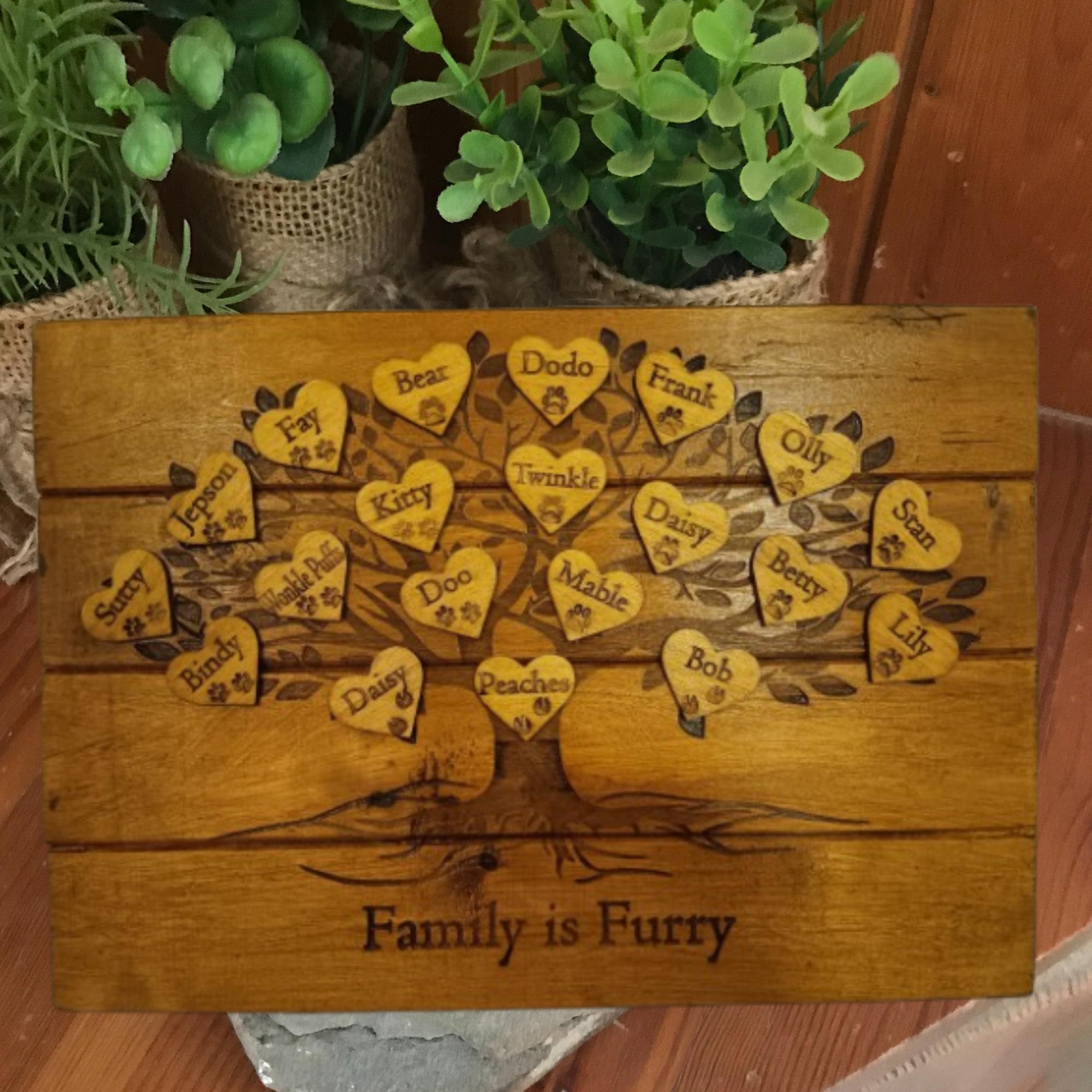 Stunning Personalised Pet Family Tree Engraving on RECYCLED Wood. Ideal ...