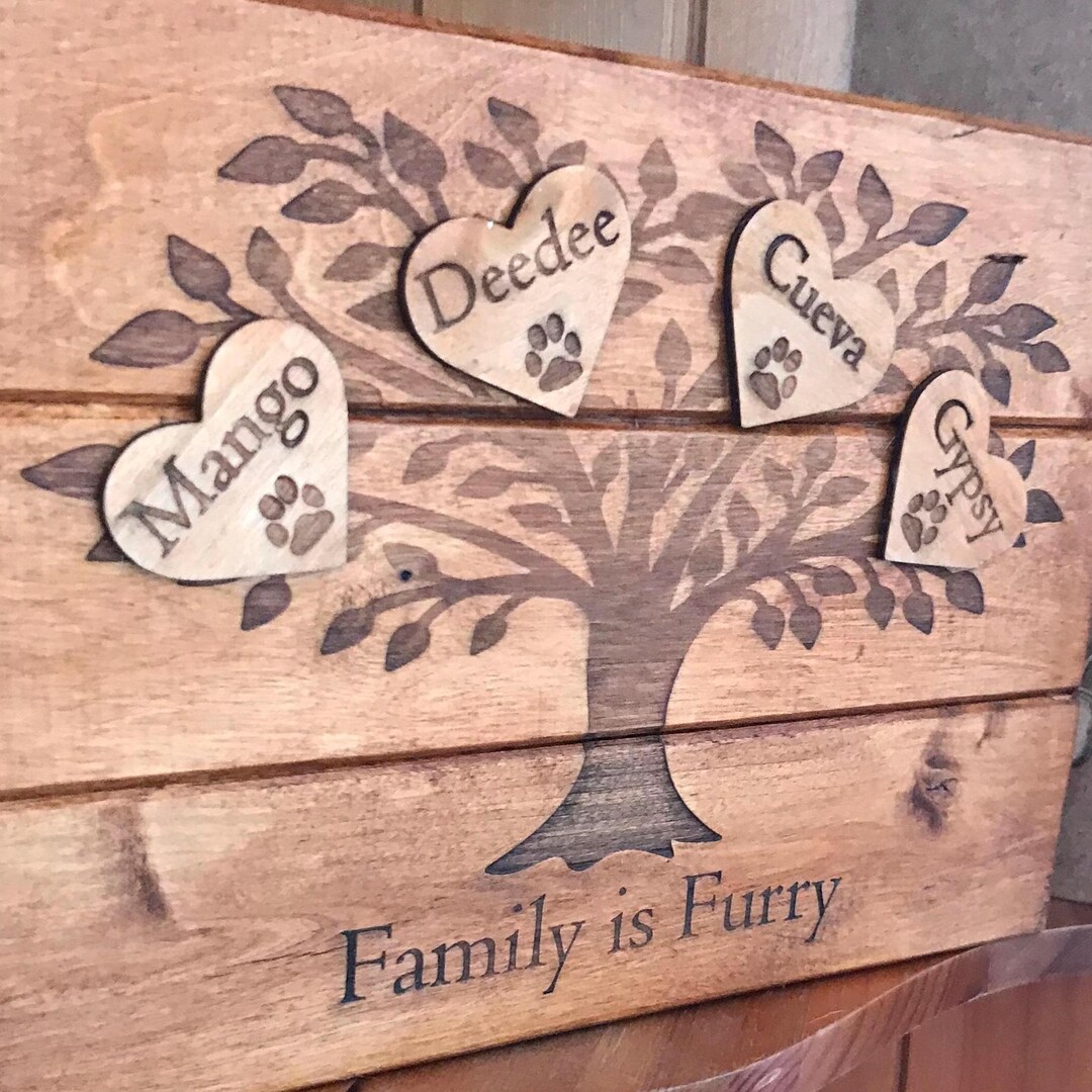 Stunning Personalised Pet Family Tree Engraving on RECYCLED Wood. Ideal ...