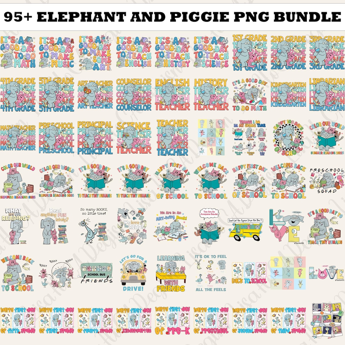 95+ Elephant and Piggie Png Bundle, Back to School Png, First Day of ...