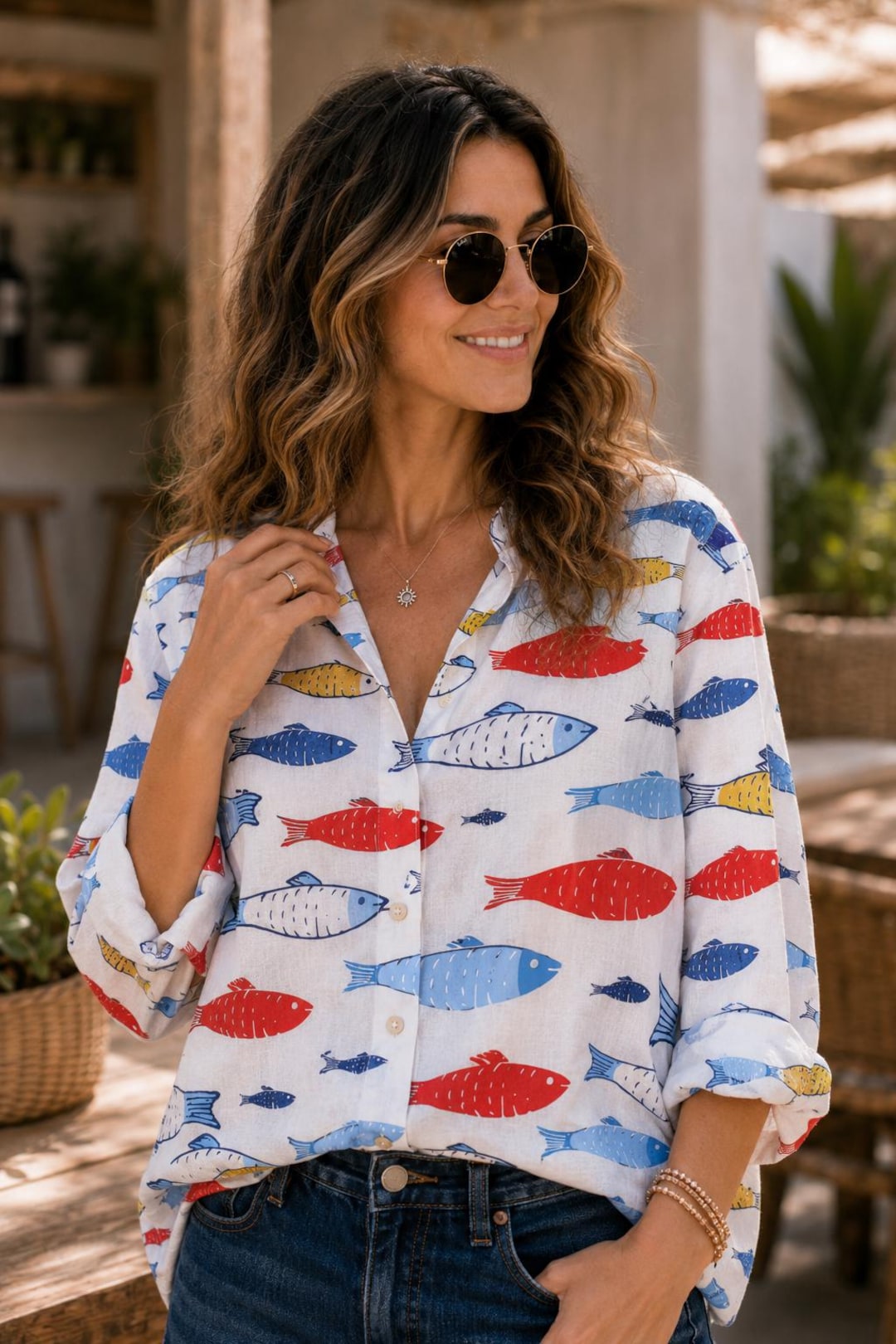 Colorful Fish Print Shirt Women, Coastal Beach Blouse, Summer Ocean Top ...