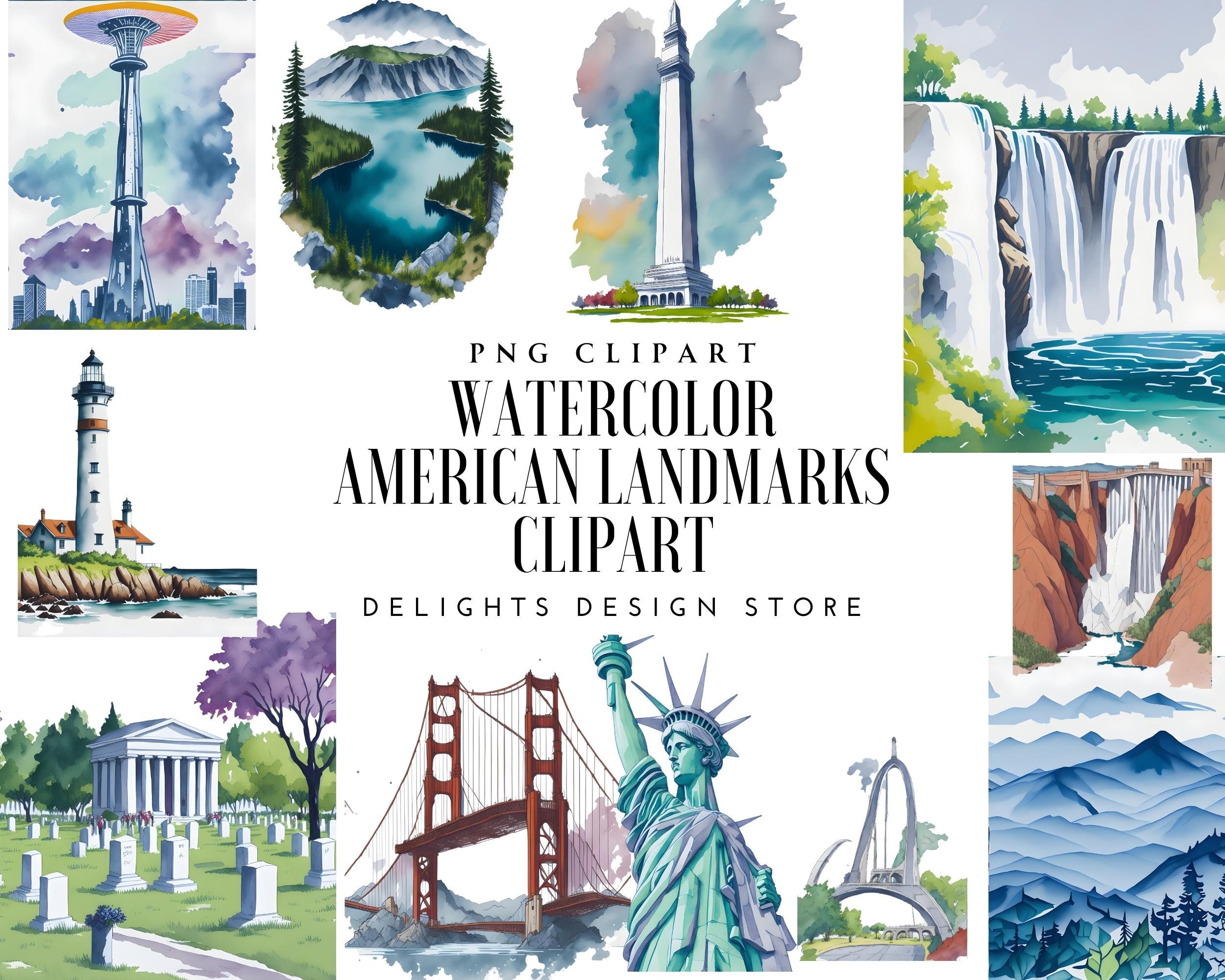 Watercolor American Landmark Clipart, Commercial Use, Patriotic Art ...
