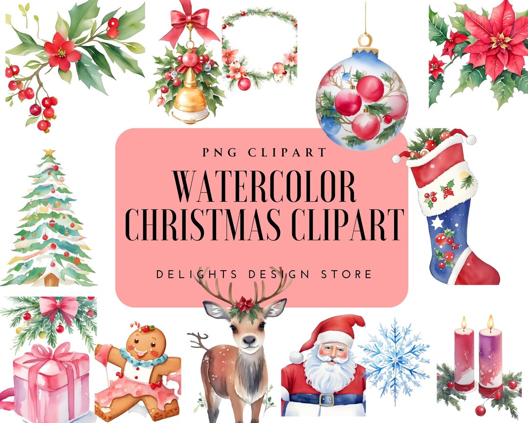 Watercolor Christmas Clipart, Printable Christmas Decor, Christmas ...