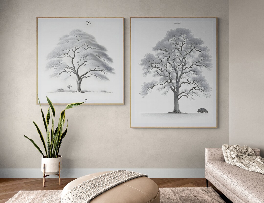 Oak Tree Line Drawing Wall Art Print Set, Digital Download, Modern ...