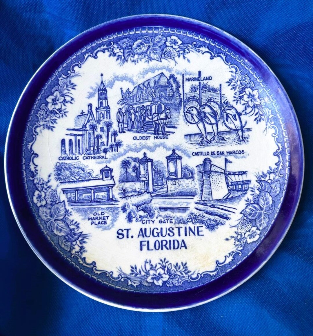 Vintage St Augustine FL Plate Blue & White Scenes of the Oldest - Etsy