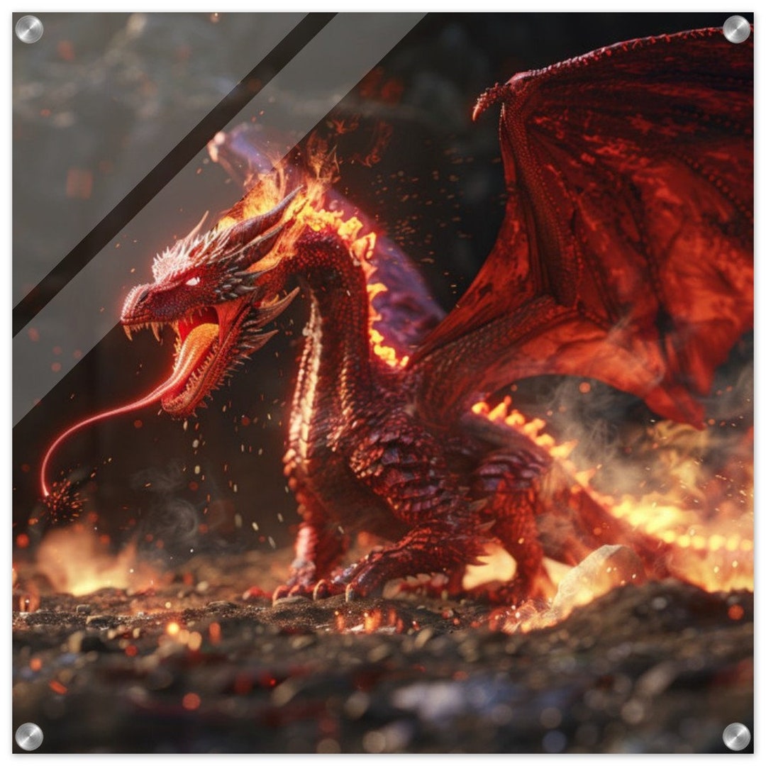 Angry Red Dragon in Flames Plexiglass Print - Etsy