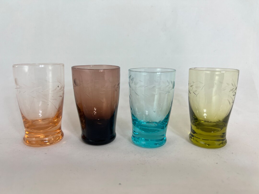 Vintage MCM Etched Colored Cordial Shot Glasses Set of 4 Bohemian ...