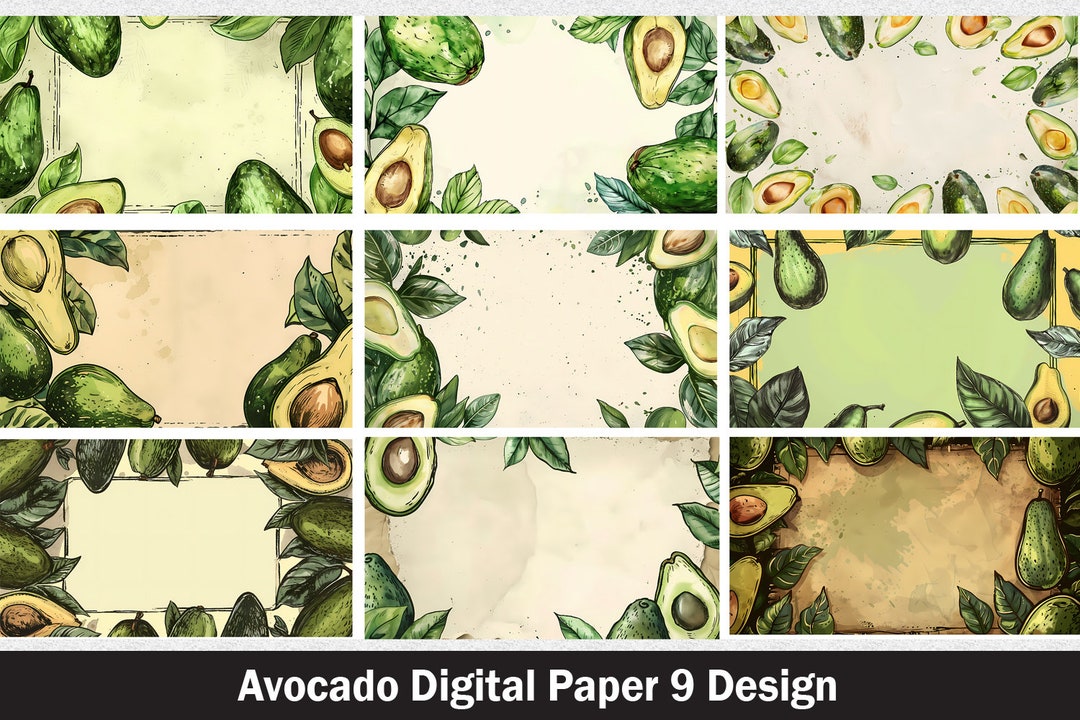 Avocado Digital Paper ,seamless Pattern With Frame Instant Download for ...