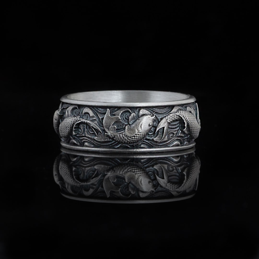 925k Sterling Silver Carp Koi Japanese Ring, Fish Ring for Men ...