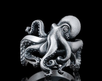 Octopus Handmade Sterling Silver Men Ring, Octopi Animal Biker Ring ...